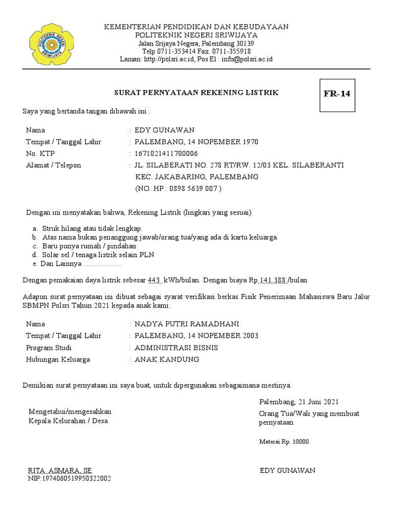 Surat Keterangan Listrik untuk Penerimaan Mahasiswa Baru | PDF