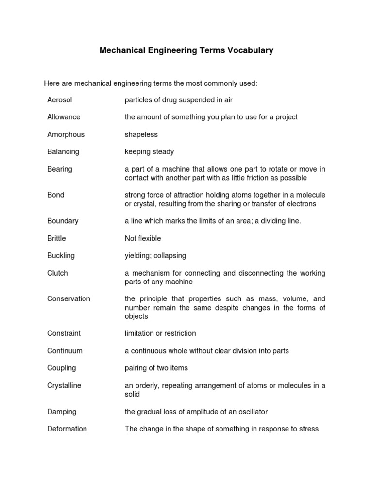 Session 2 Mechanical Engineering Terms Vocabulary | PDF | Machines | Force