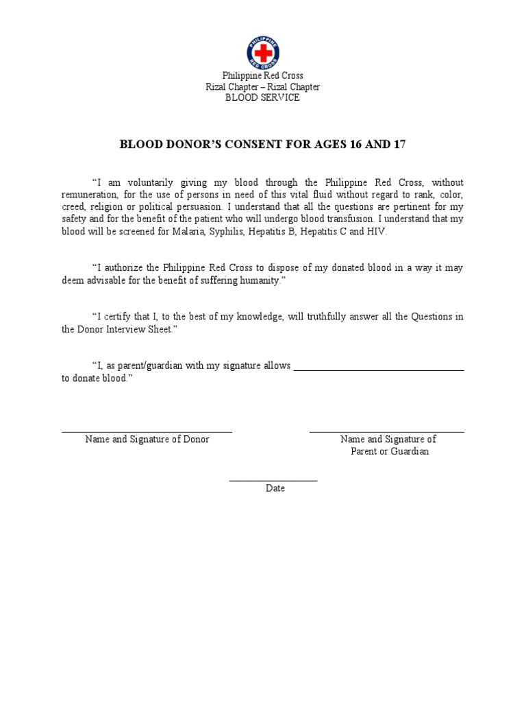 Blood Donor'S Consent For Ages 16 and 17: Philippine Red Cross Rizal ...