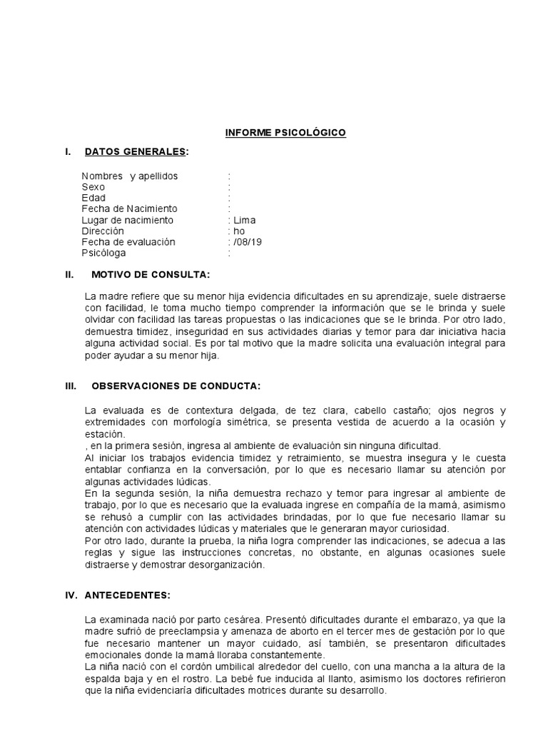 Modelo de Informe Psicologico Integral | PDF | Cociente de inteligencia ...