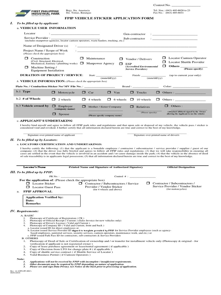 FPIP Vehicle Sticker Application Form | PDF | Privacy Policy | Privacy