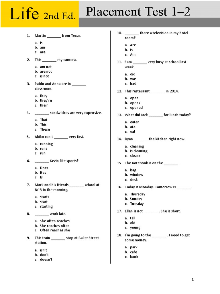 Life 2e Placement Test Level 1-2 | PDF | Foods