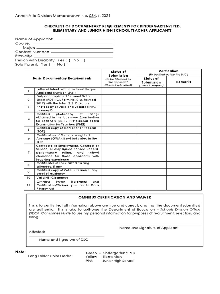 Checklist and Omnibus For Teacher Applicants | PDF | Licensure ...