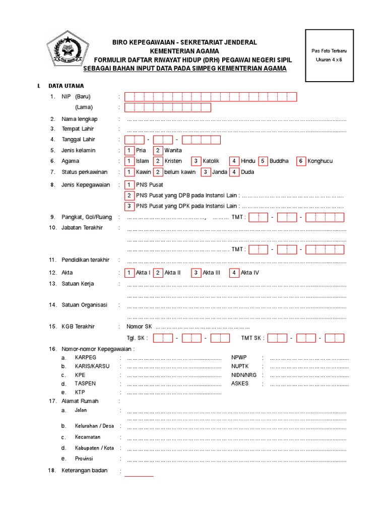 Formulir-Input - Simpeg-Kemenag - XLSX - FORM DRH UNTUK DAERAH | PDF