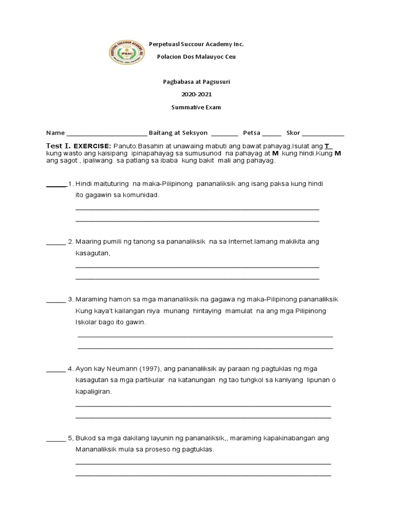Summative Exam Pagbasa at Pagsusuri 11 | PDF