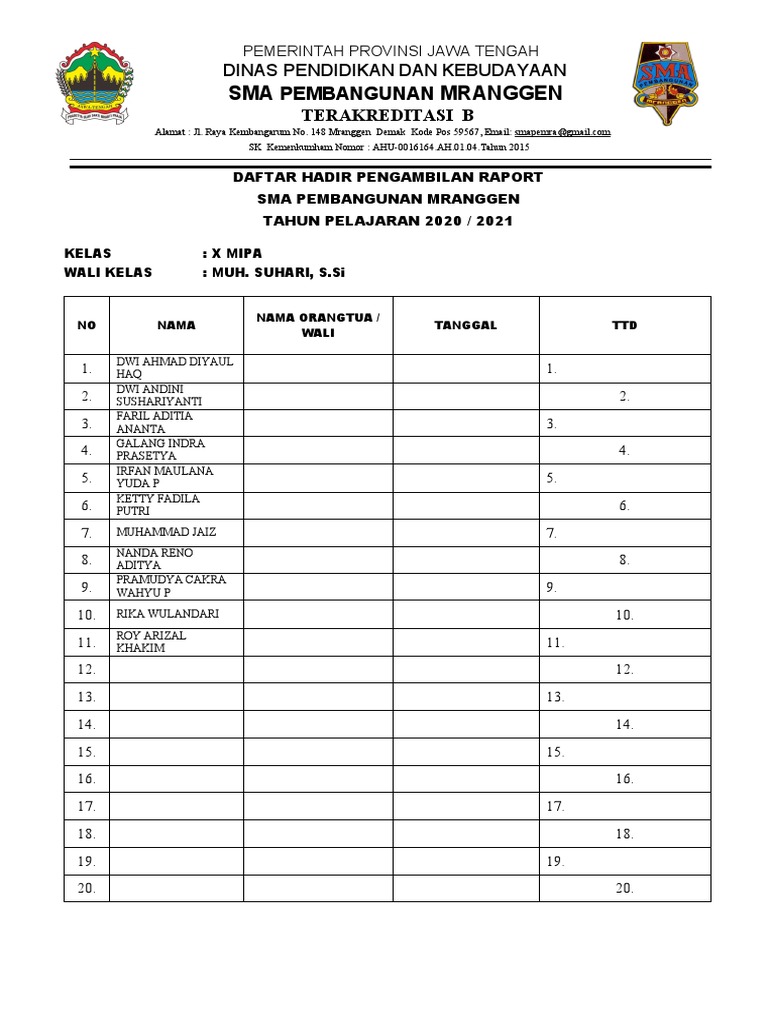 Daftar Hadir Pengambilan Raport | PDF