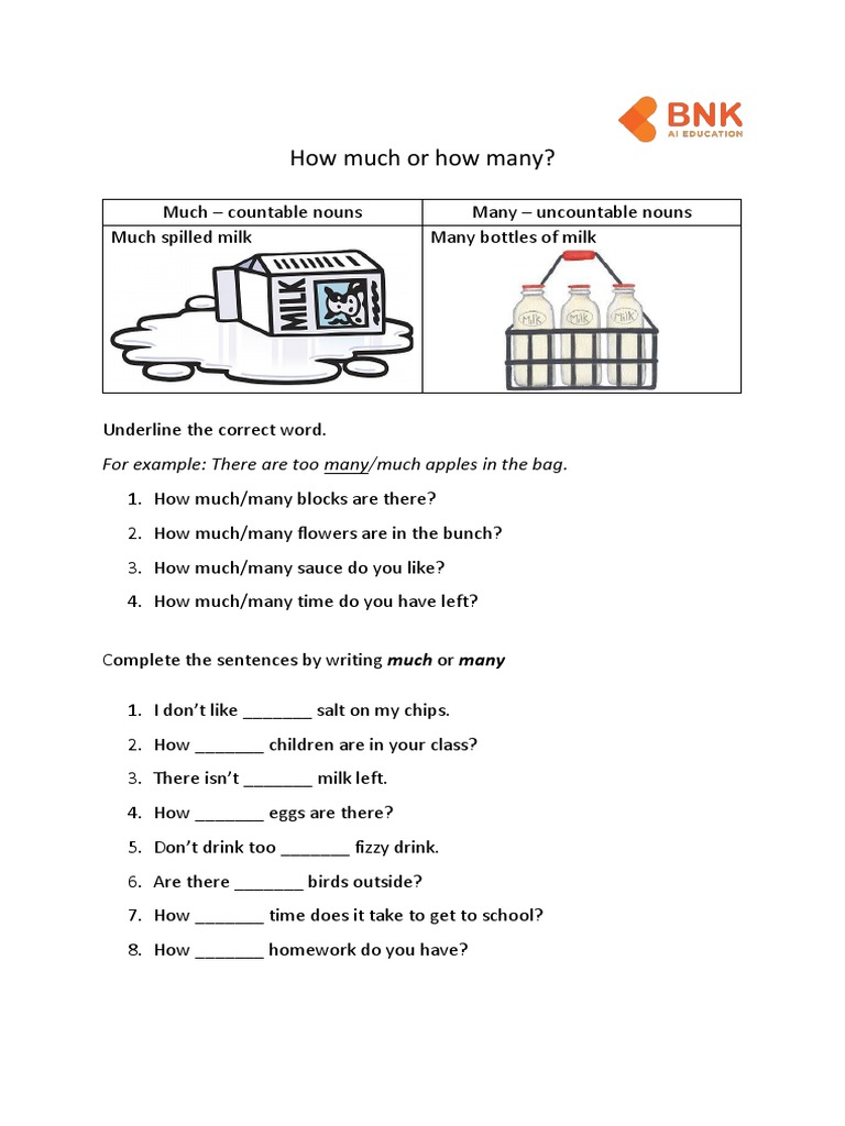 How Much or How Many Homework | PDF
