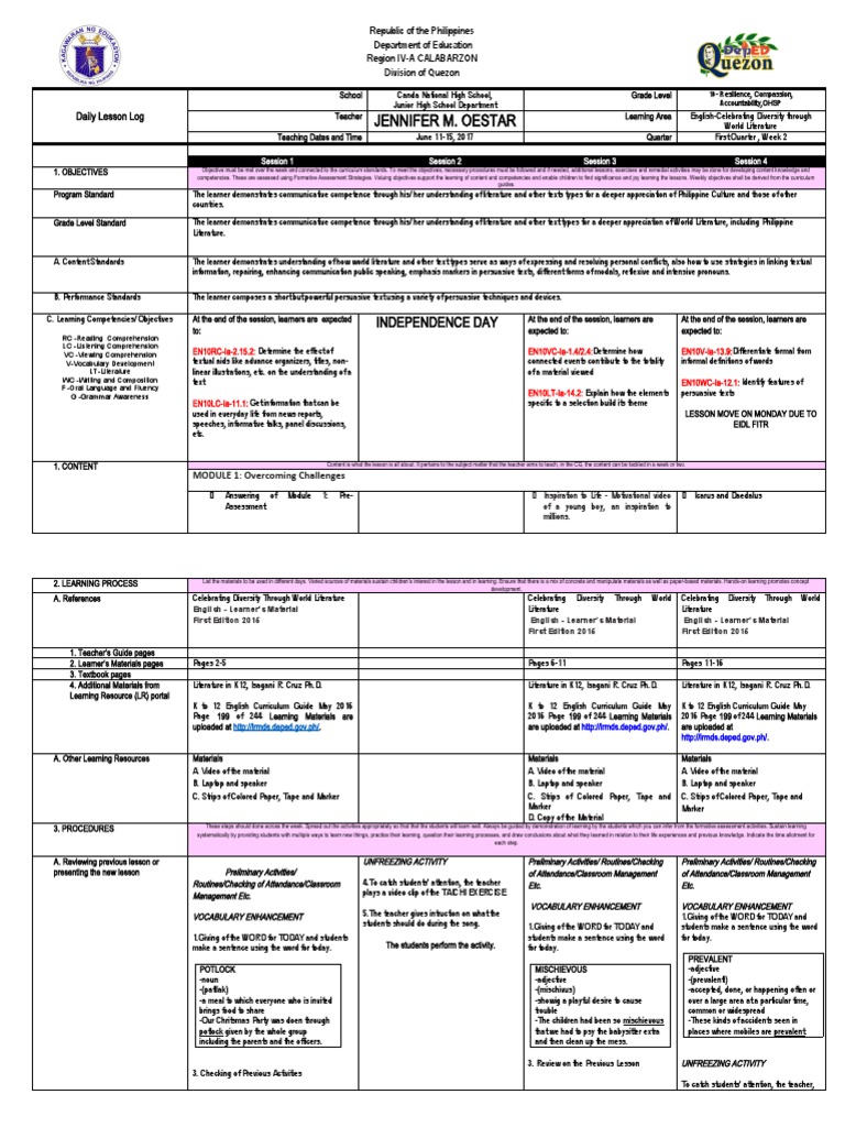DLL English 10 Q1 - wk2.0 | Download Free PDF | Learning | Reading Comprehension