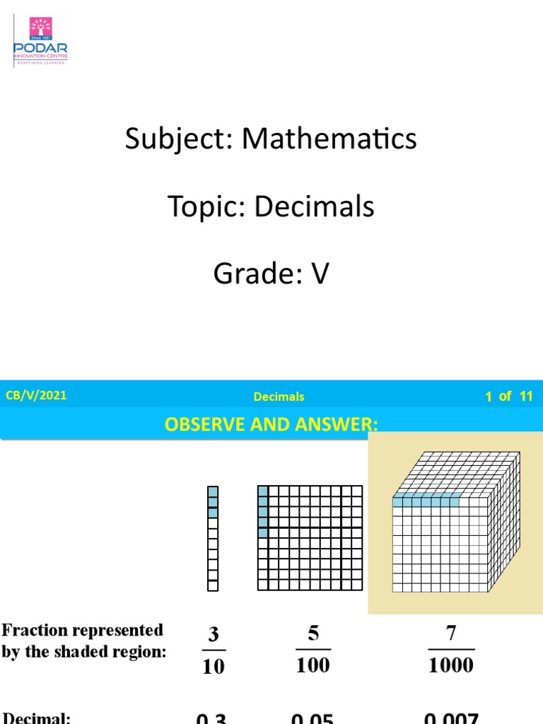 Subject: Mathematics Topic: Decimals: of 11 Decimals CB/V/2021 1 ...