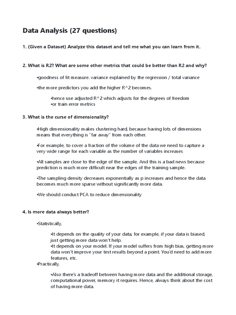 Data Analysis (27 Questions) : 1. (Given A Dataset) Analyze This Dataset and Tell Me What You ...