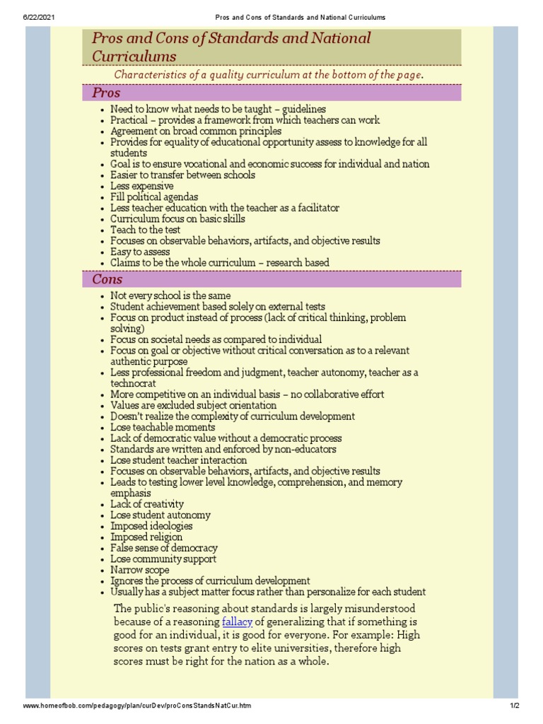 Pros and Cons of Standards and National Curriculums | PDF | Curriculum ...