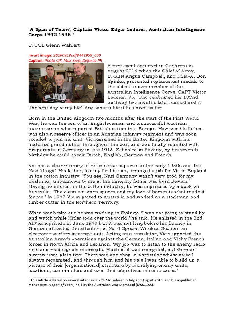 Vic Lederer - Australian Intelligence Corps | PDF | Global Conflicts ...