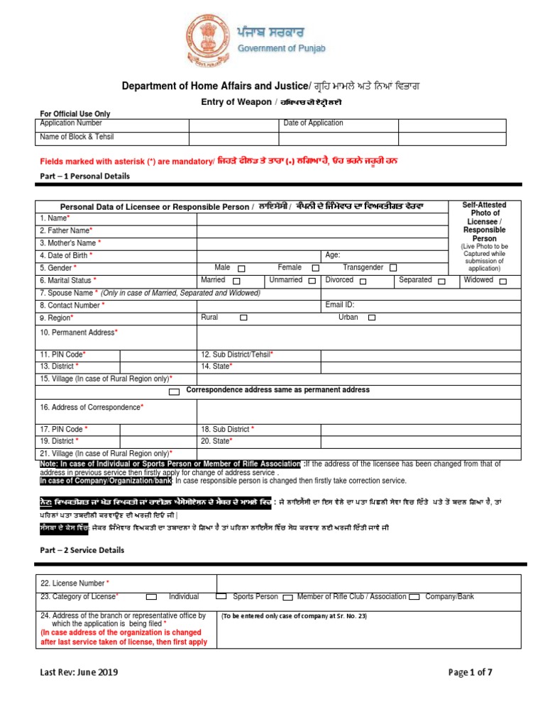 Punjab Weapon Entry Application Form | PDF | Identity Document | License