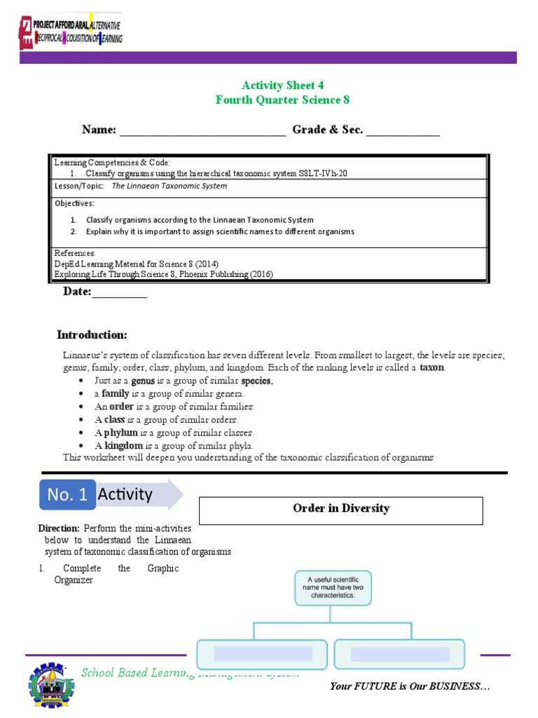Act Sheet 4 4th Quarter Science 8 | PDF | Taxonomy (Biology) | Genus