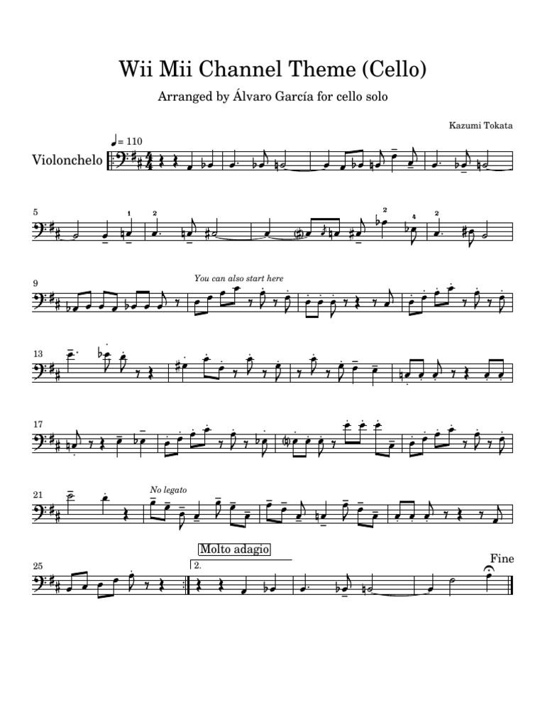 Wii Mii Theme for Cello Solo | PDF