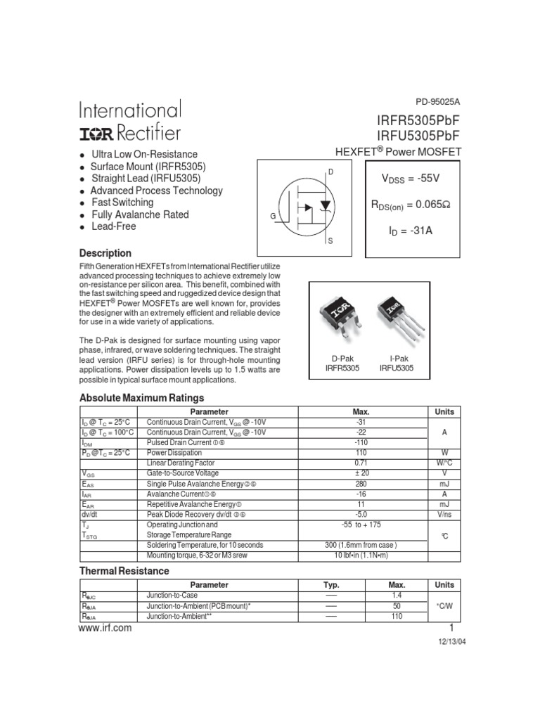 Infineon IRFR5305 DataSheet v01 - 01 EN | PDF | Field Effect Transistor | Diode
