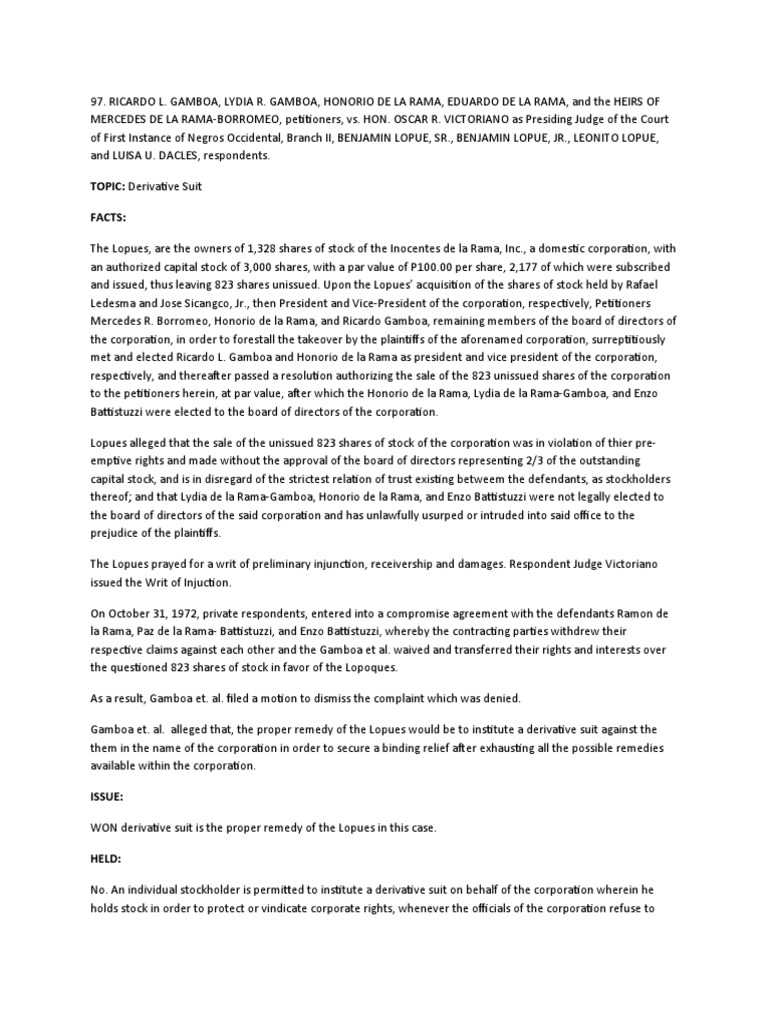 TOPIC: Derivative Suit Facts | PDF | Legal Remedy | Lawsuit