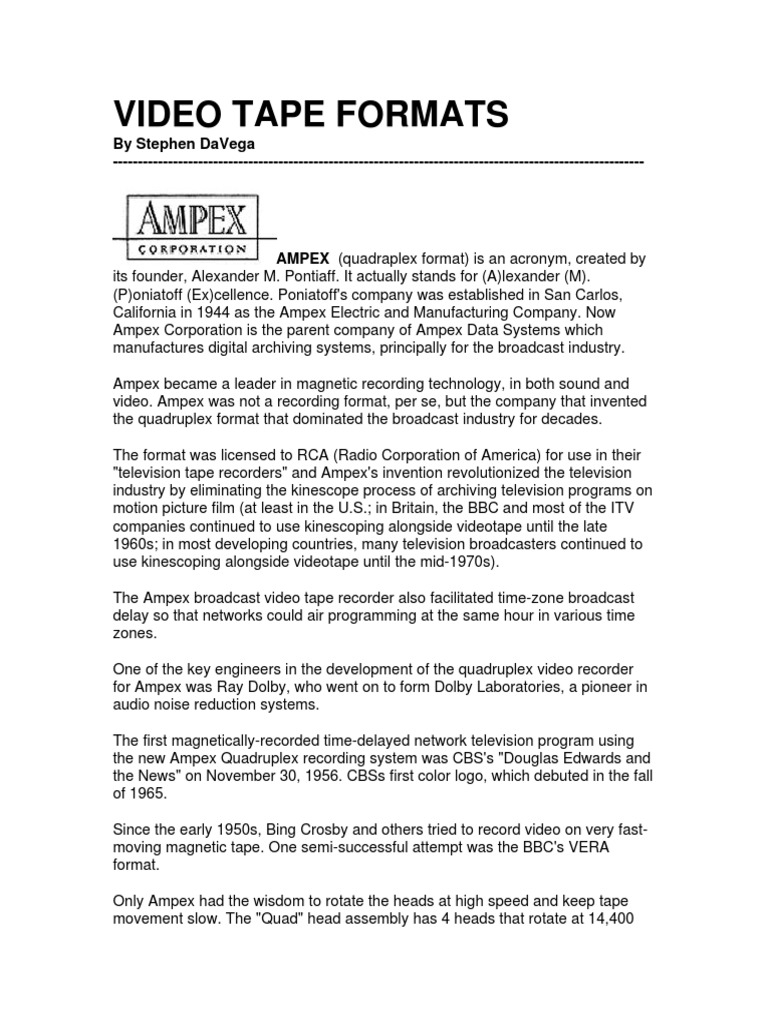 VIDEO TAPE FORMATS GUIDE - AMPEX, 8MM, HI-8 & DIGITAL8 | PDF ...