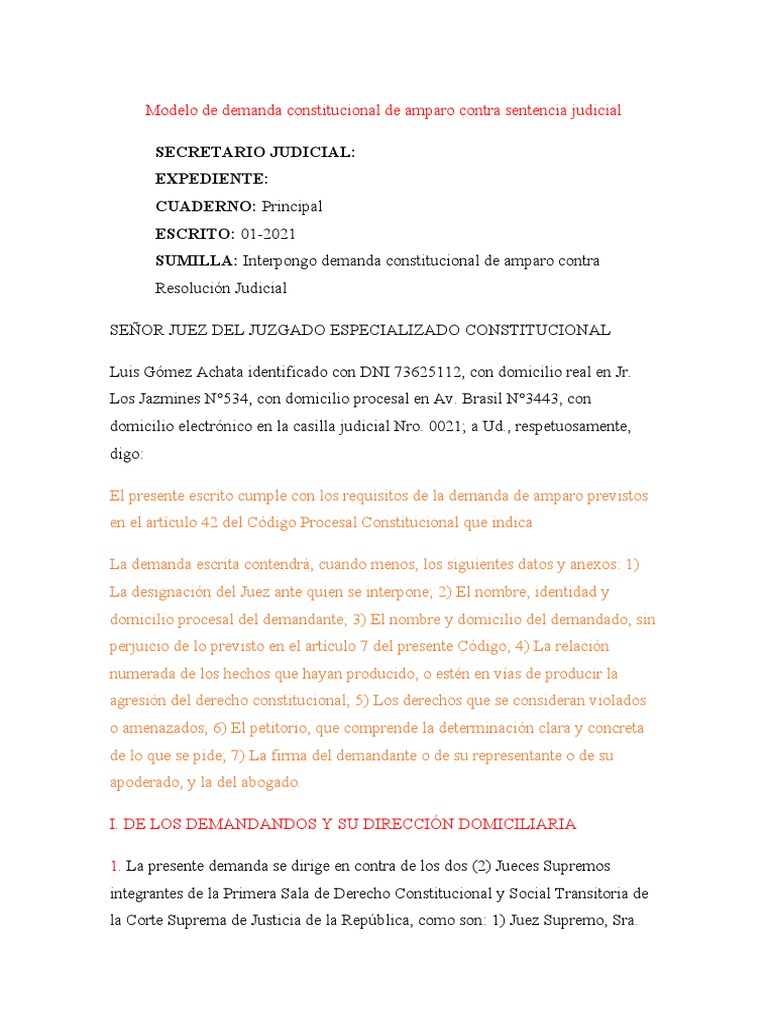 Modelo de Demanda Constitucional de Amparo Contra Sentencia Judicial ...