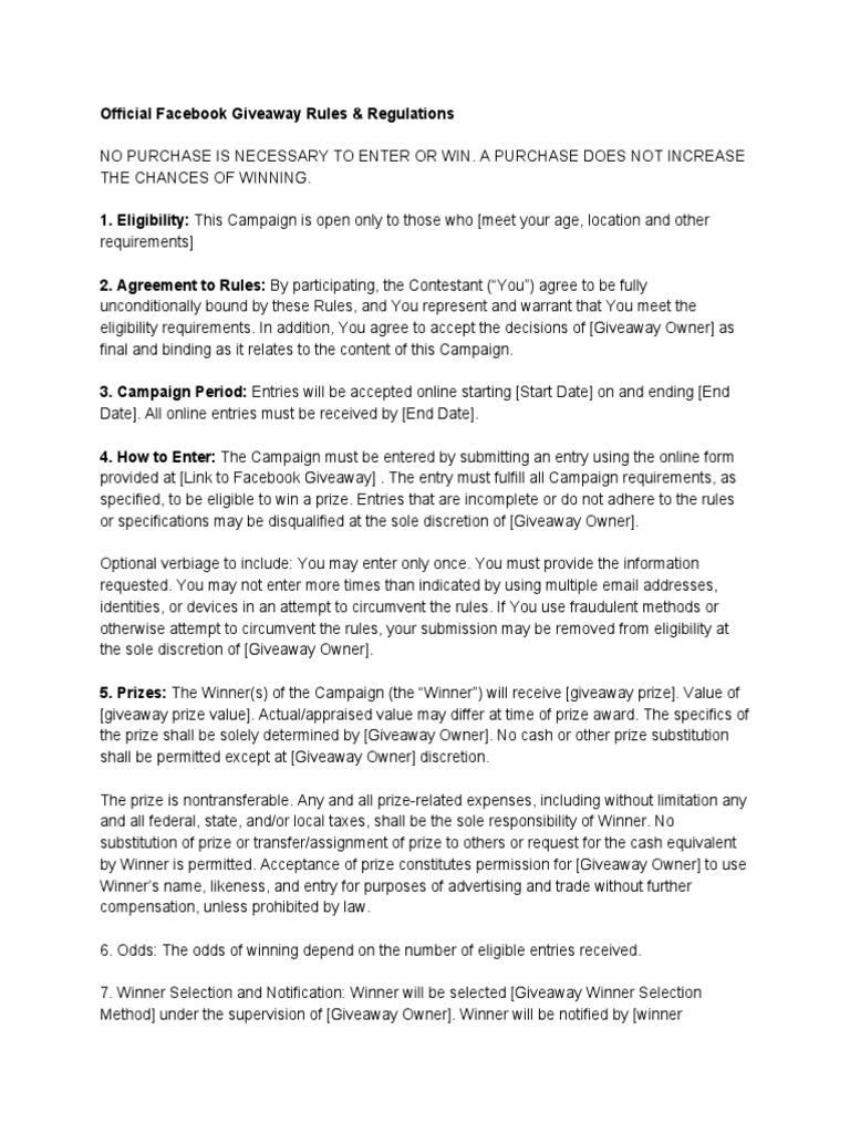 Facebook Giveaway Rules & Guidelines | PDF | Indemnity | Common Law