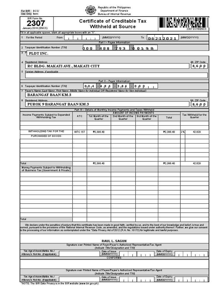 Certificate of Creditable Tax Withheld at Source: PLDT Inc. | Download ...