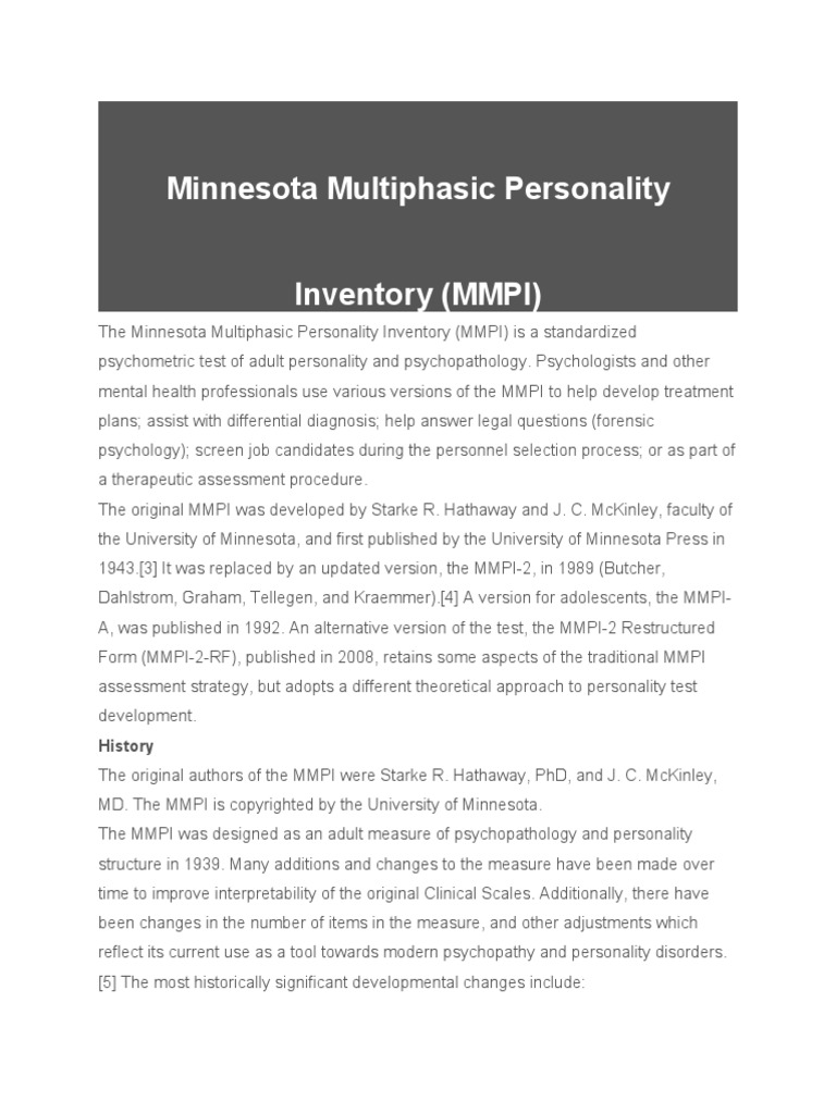 Minnesota Multiphasic Personality Inventory | PDF | Psychiatry Related ...