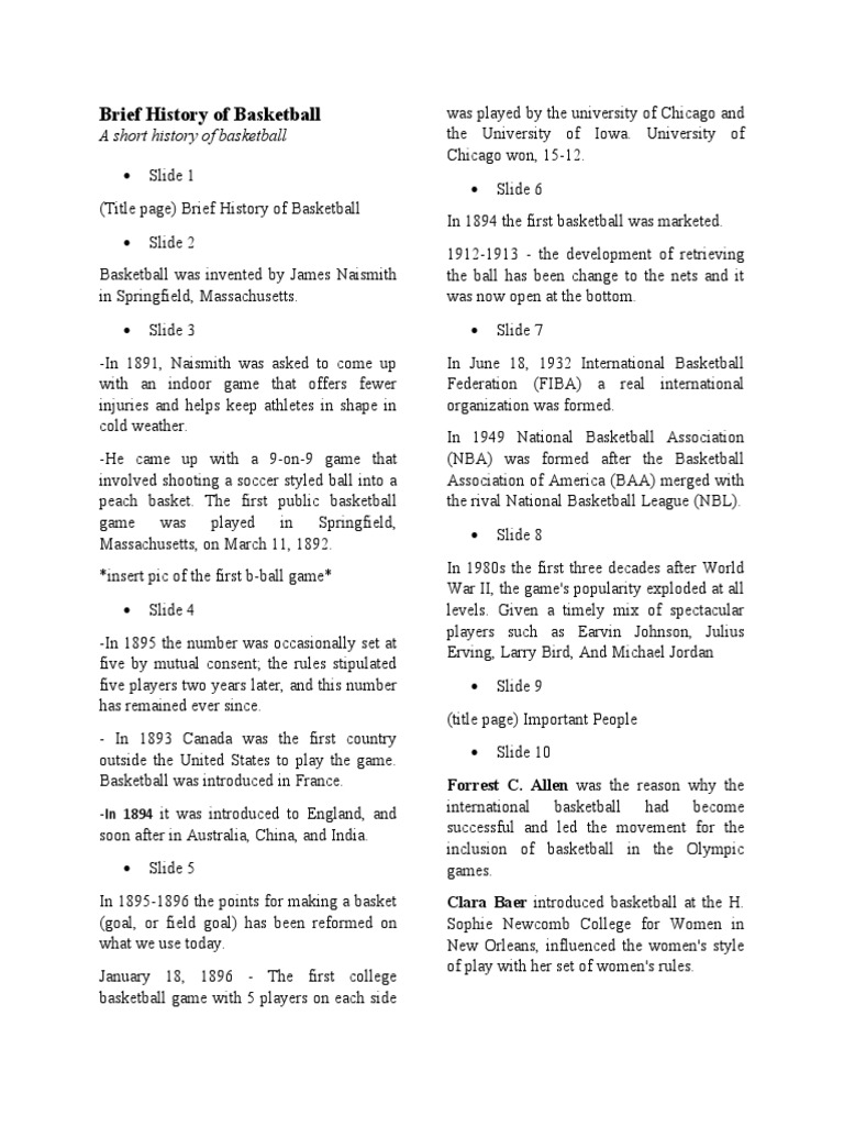 Brief History of Basketball Origins | PDF | National Basketball ...