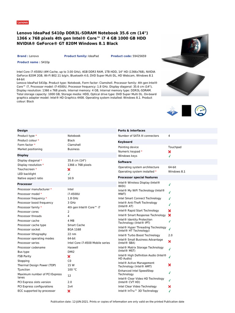 Lenovo Ideapad S410P Ddr3L-Sdram Notebook 35.6 CM (14") 1366 X 768 ...