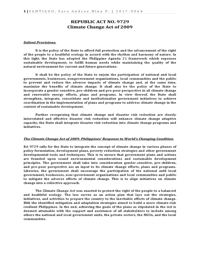 Republic Act No. 9729 Climate Change Act of 2009: Salient Provisions ...