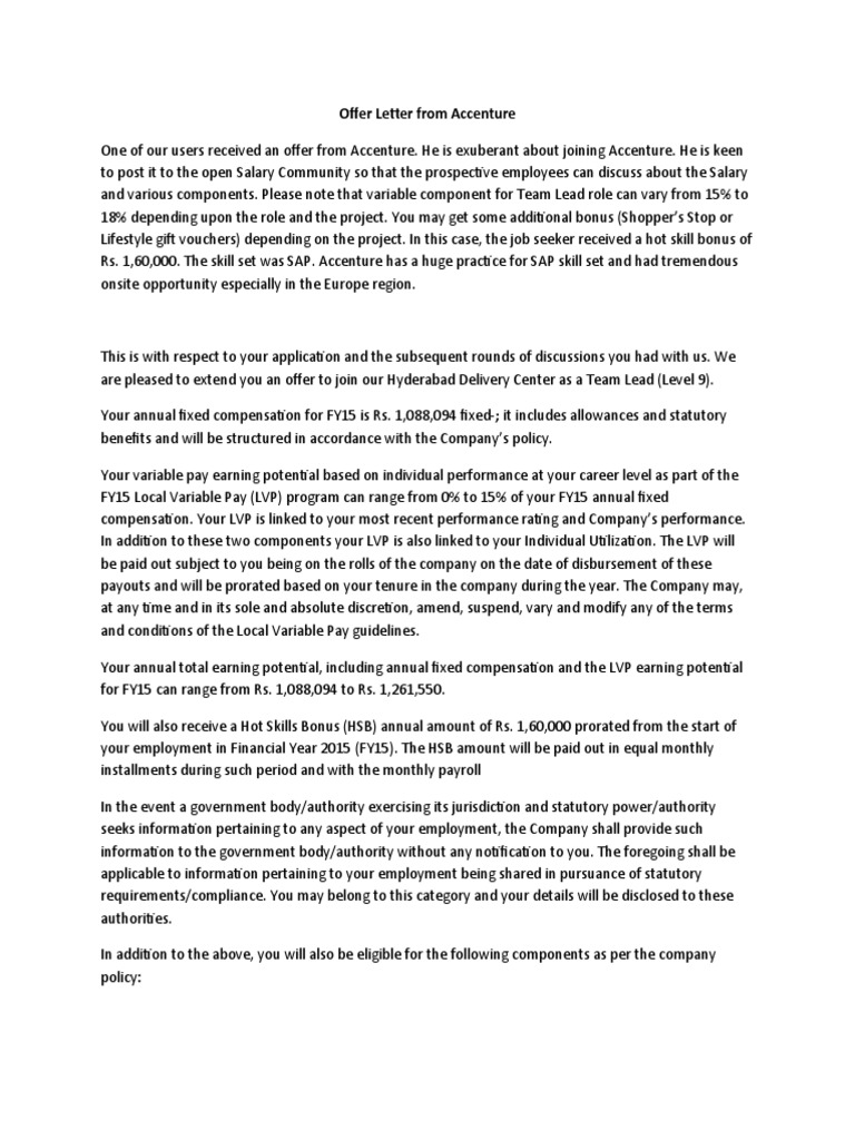 Offer Letter From Accenture | PDF | Salary | Payroll