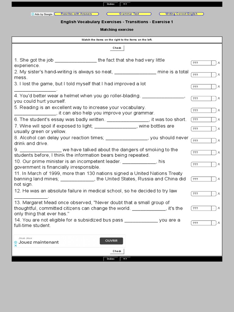 English Vocabulary Exercises - Transitions - Exercise 1 | PDF