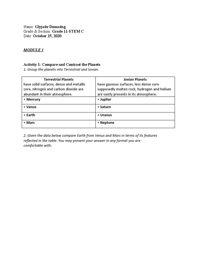 Activity 1: Compare and Contrast The Planets | PDF | Planets | Venus