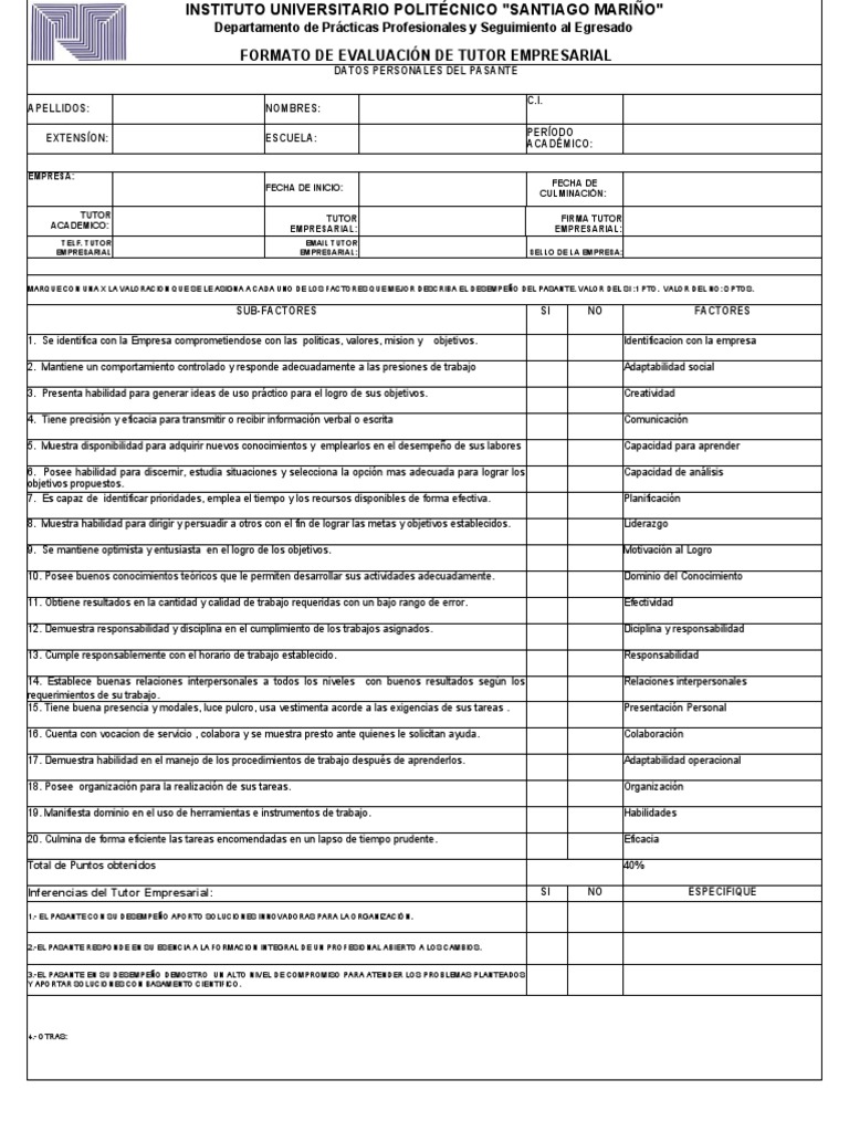 Evaluacion Tutor Empresarial y Academico | Descargar gratis PDF | Creatividad | Evaluación