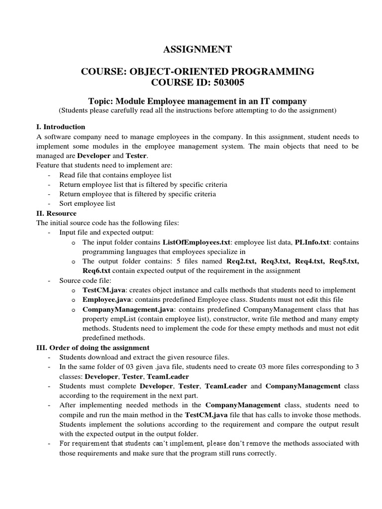 Assignment Course: Object-Oriented Programming COURSE ID: 503005 | PDF ...