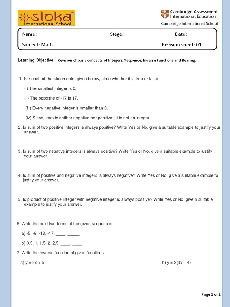 Pre Igcse Revision Worksheet | PDF