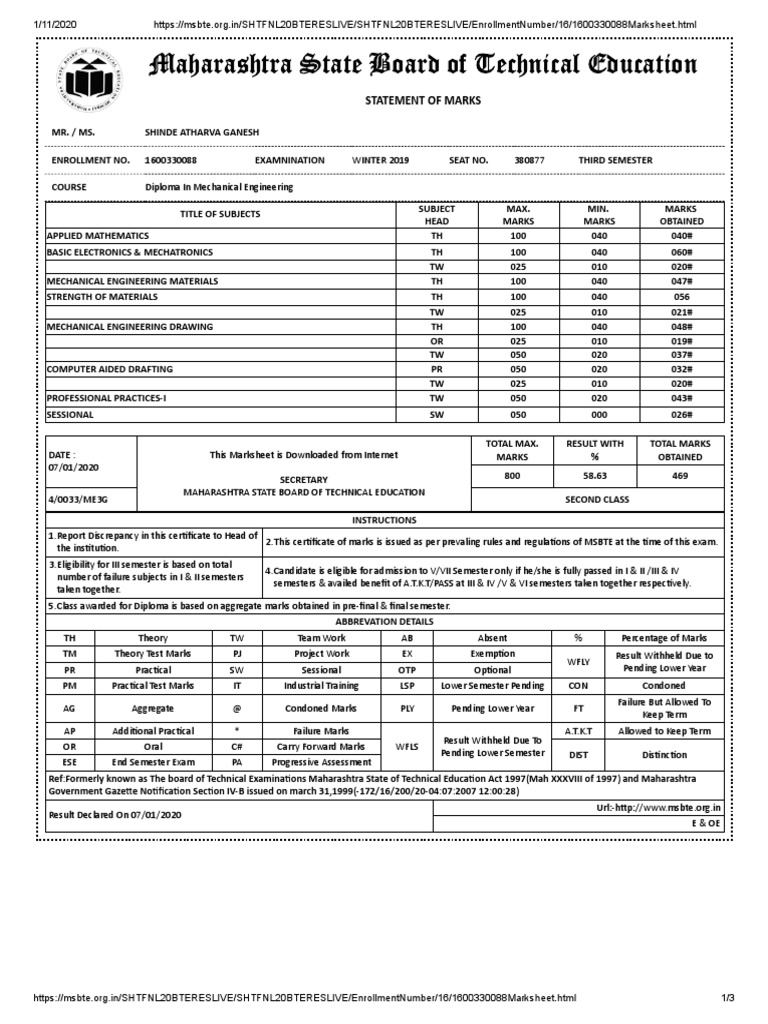 Marksheet | PDF | Mechanical Engineering | Engineering