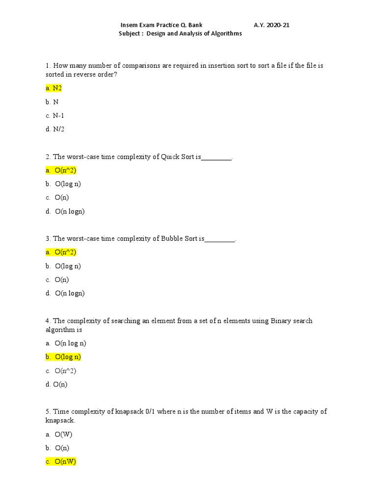 MARKED-DAA-Practice Question Bank For Insem Paper-20-21 | PDF | Time ...