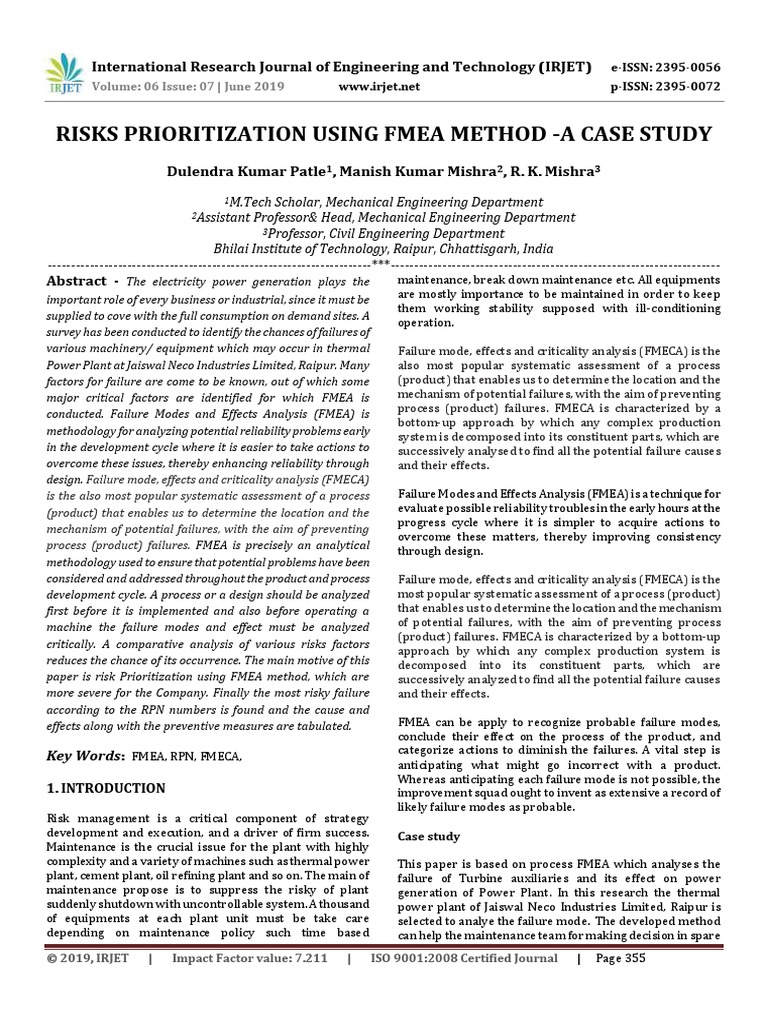 Risks Prioritization Using Fmea Method A | PDF | Bearing (Mechanical ...