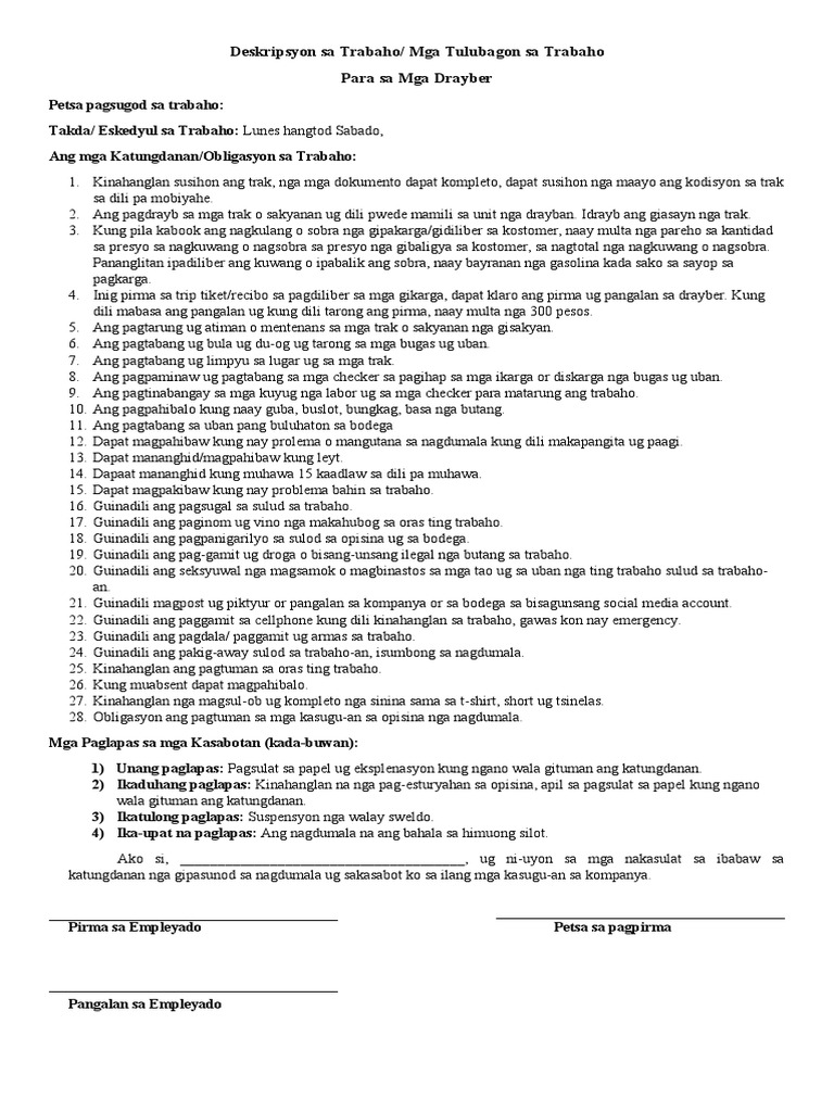 Job Description For Driver in Bisaya | PDF