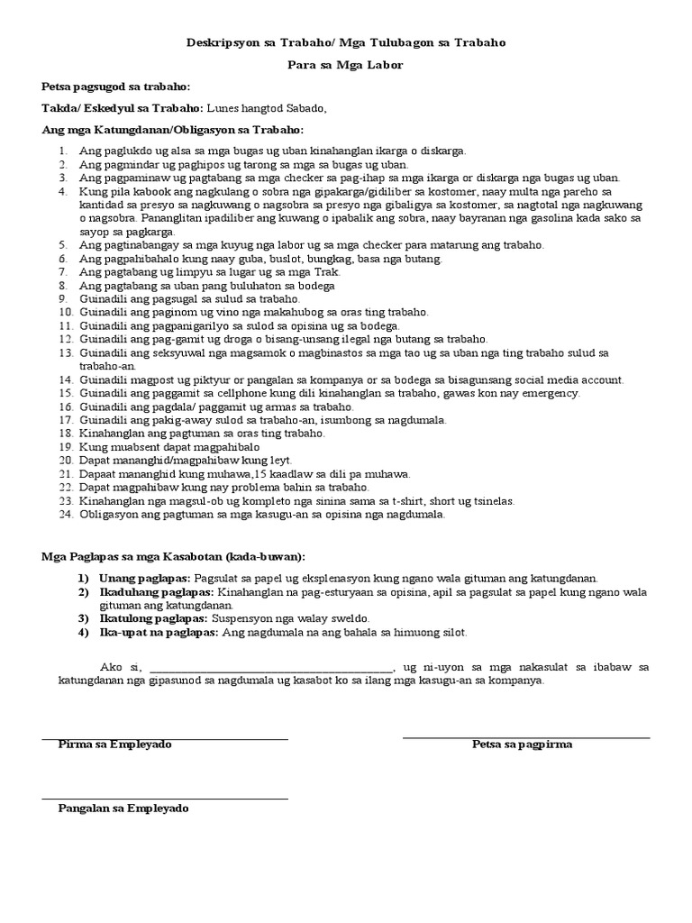 Job Description For Labor in Bisaya | PDF