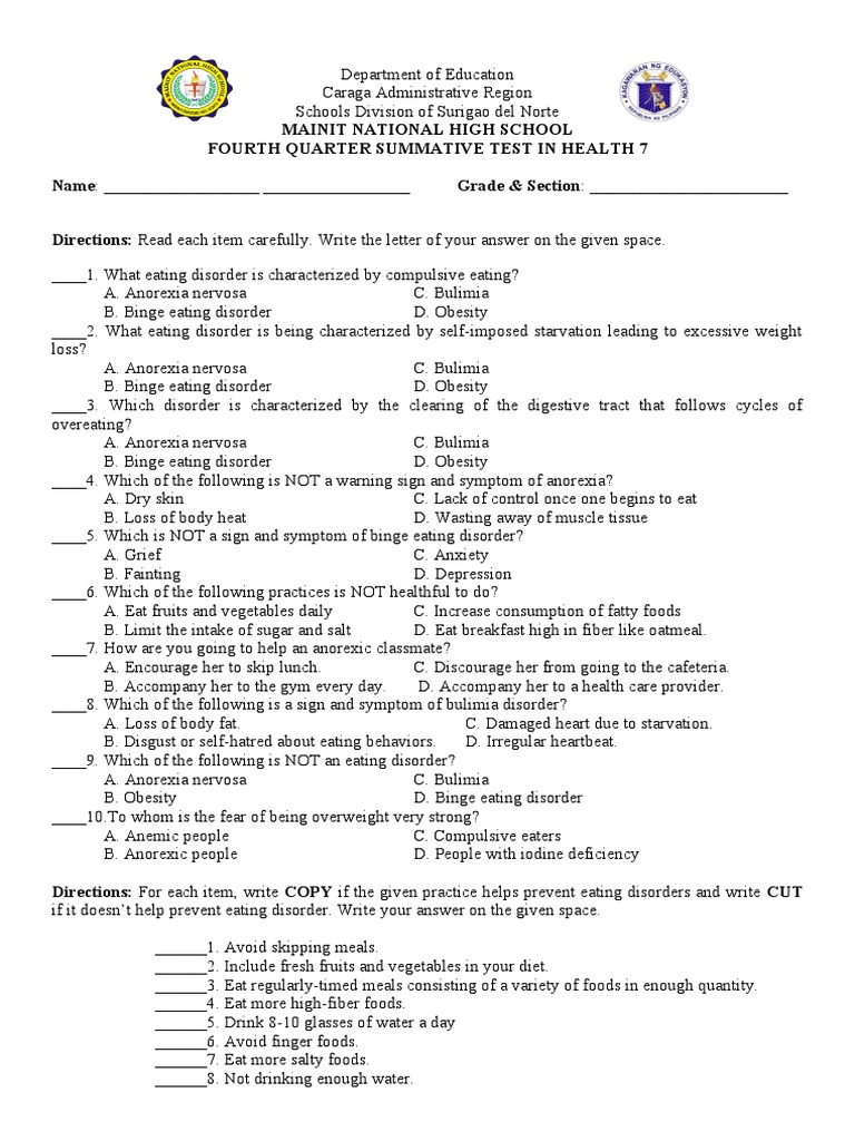 Health 7 Q4 Summative Test | PDF | Eating Disorder | Anorexia Nervosa