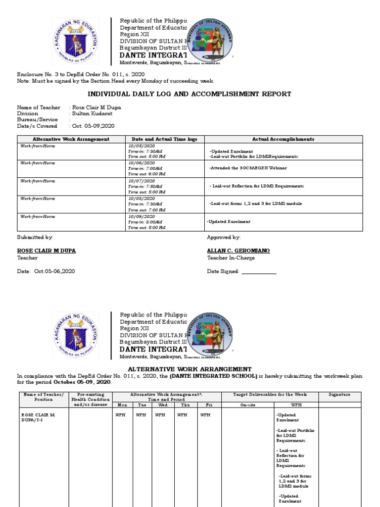 Dante Integrated School: Individual Daily Log and Accomplishment Report ...