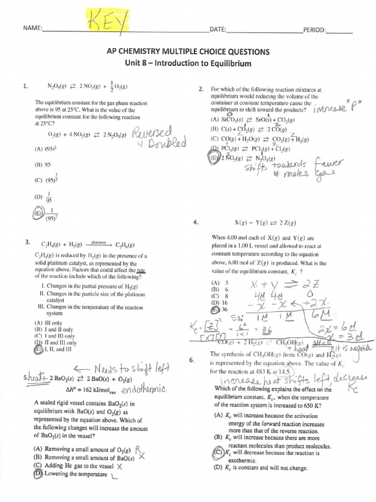 KEY - AP Chemistry Multiple Choice Questions Unit 8 | PDF