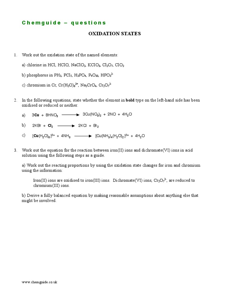 Oxidation State Exercises | PDF