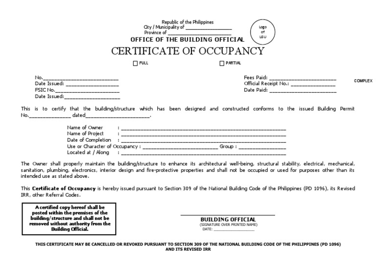 Certificate of Occupancy: Office of The Building Official | PDF | Civil ...