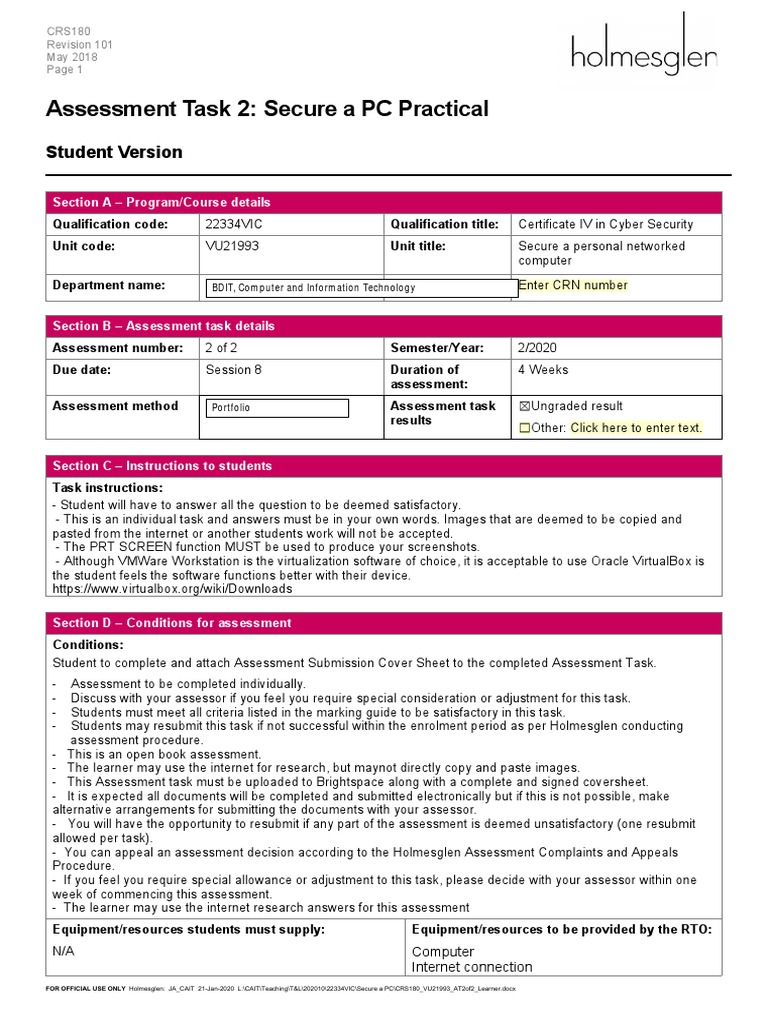 Assessment Task 2: Secure A PC Practical: Student Version | PDF ...