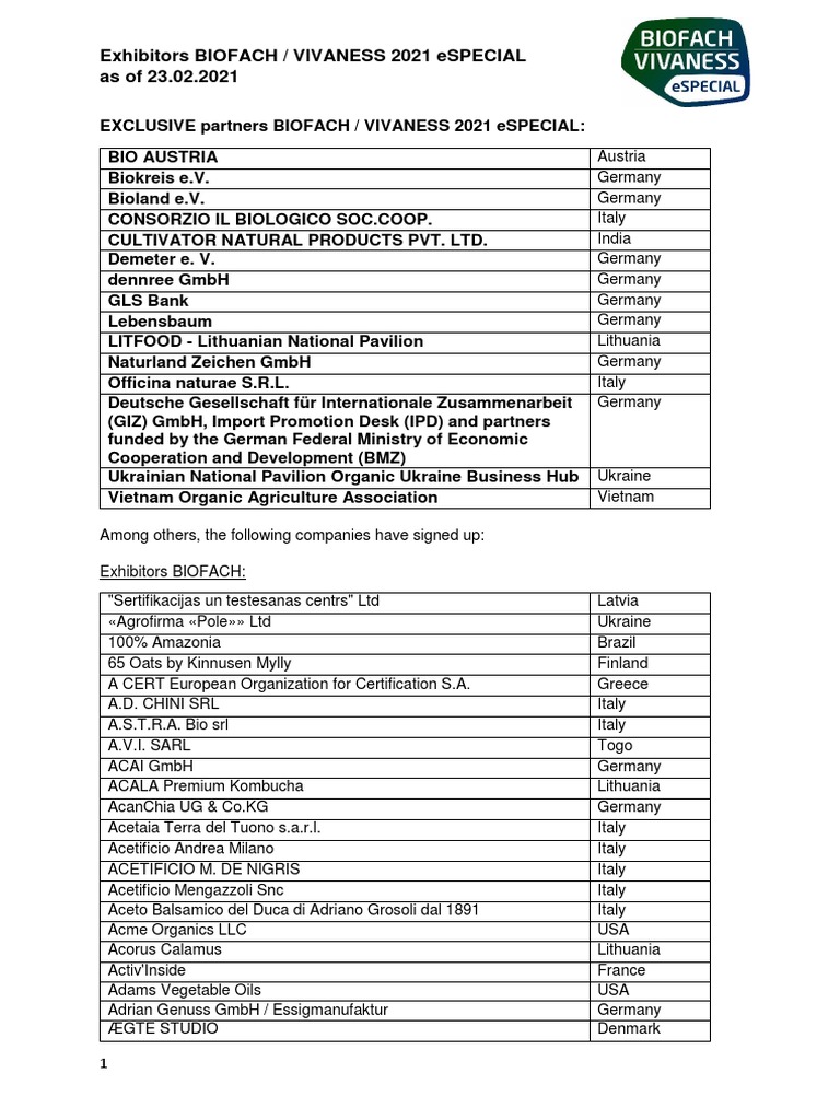 BIOFACH VIVANESS 2021 eSPECIAL Exhibitor List BIOFACH 2021 02 23 | PDF ...