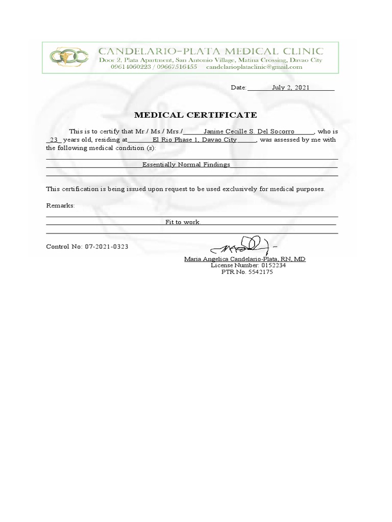 Medical Certificate: Maria Angelica Candelario-Plata, RN, MD License ...