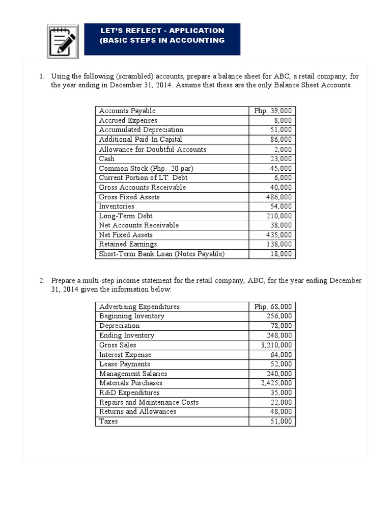 Application 1 (Basic Steps in Accounting) | PDF | Balance Sheet ...