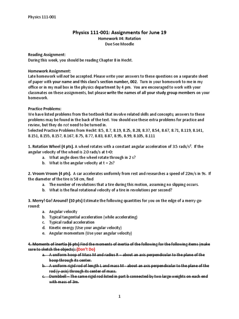 Physics 111-001: Assignments For June 19: (Don't Do) | PDF | Rotation ...
